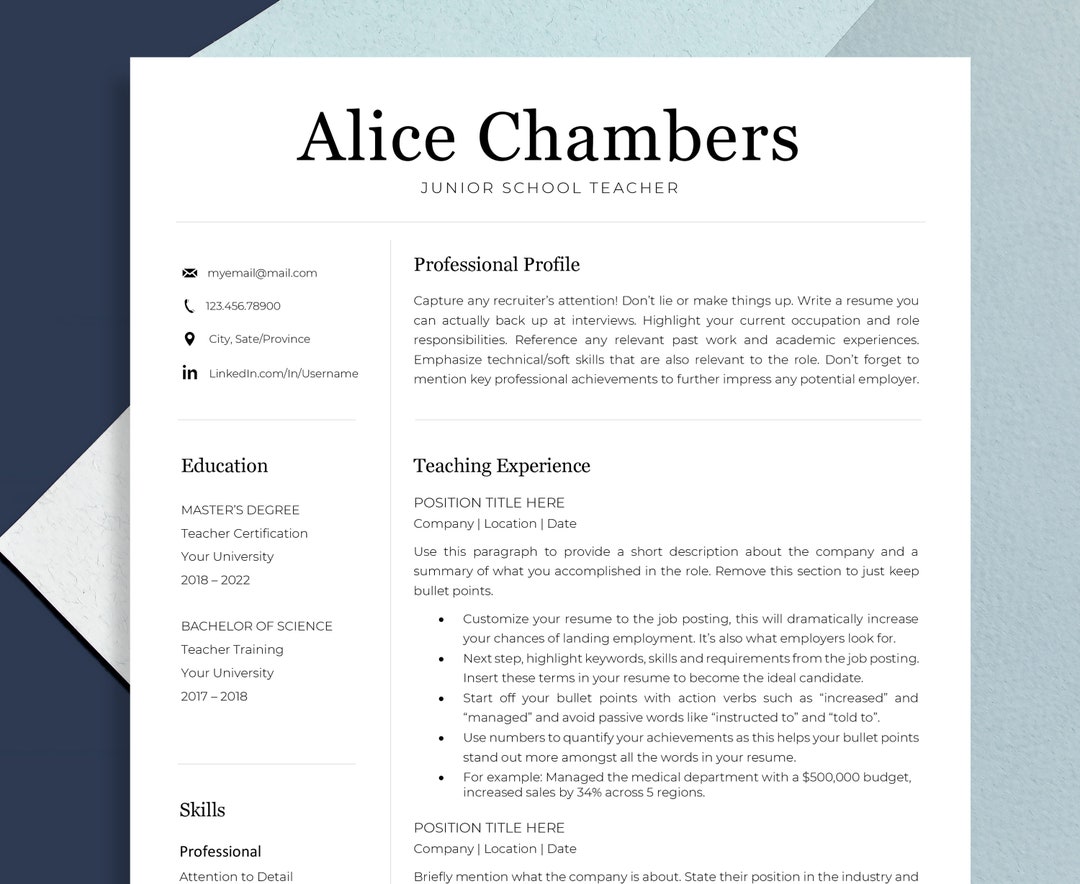 Teacher Resume Template, Professional Resume, Teacher CV, Education ...