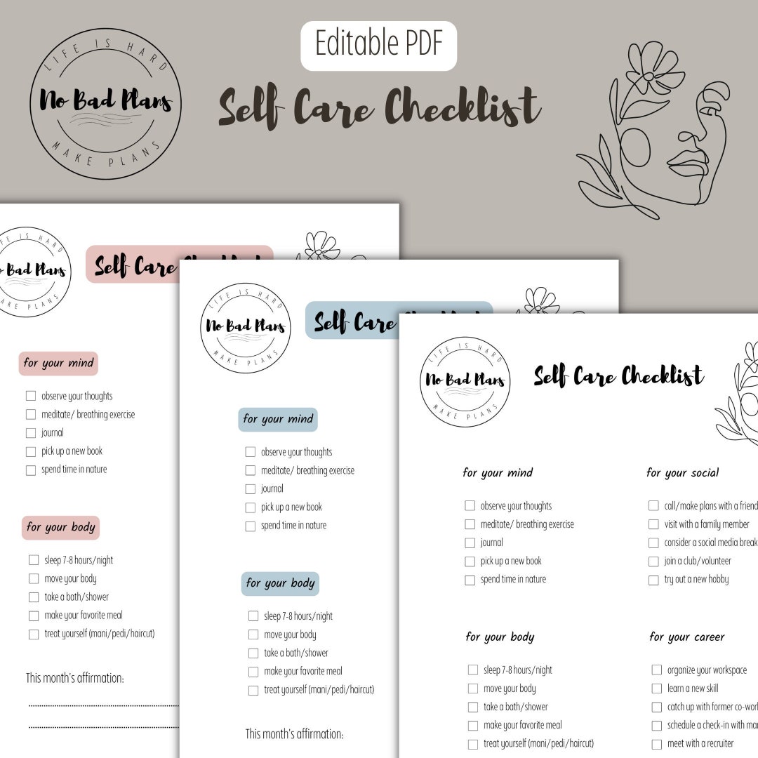 Editable Self Care Checklist Printable PDF, Self Care, Self Care List ...