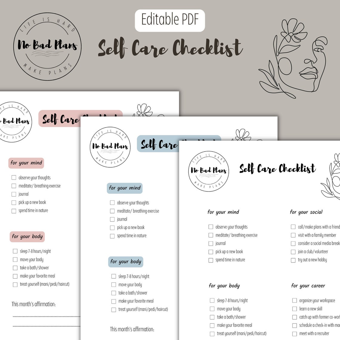 Editable Self Care Checklist Printable PDF, Self Care, Self Care List ...