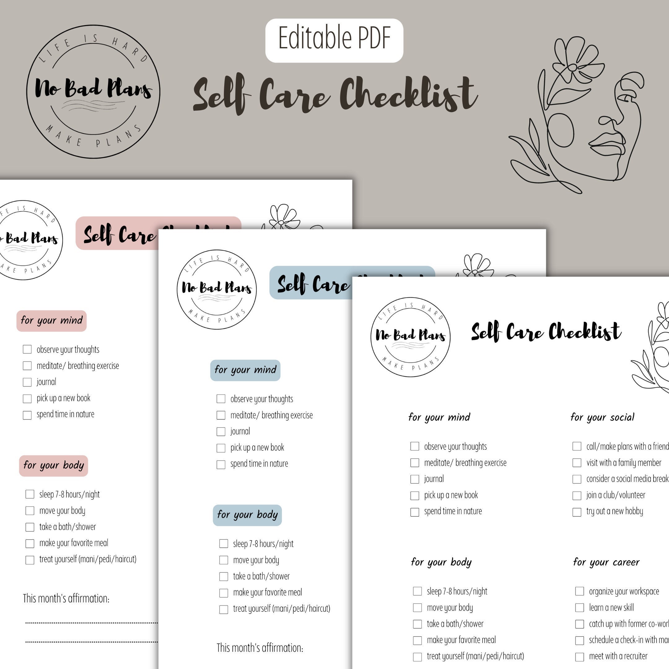 Editable Self Care Checklist Printable PDF, Self Care, Self Care List ...