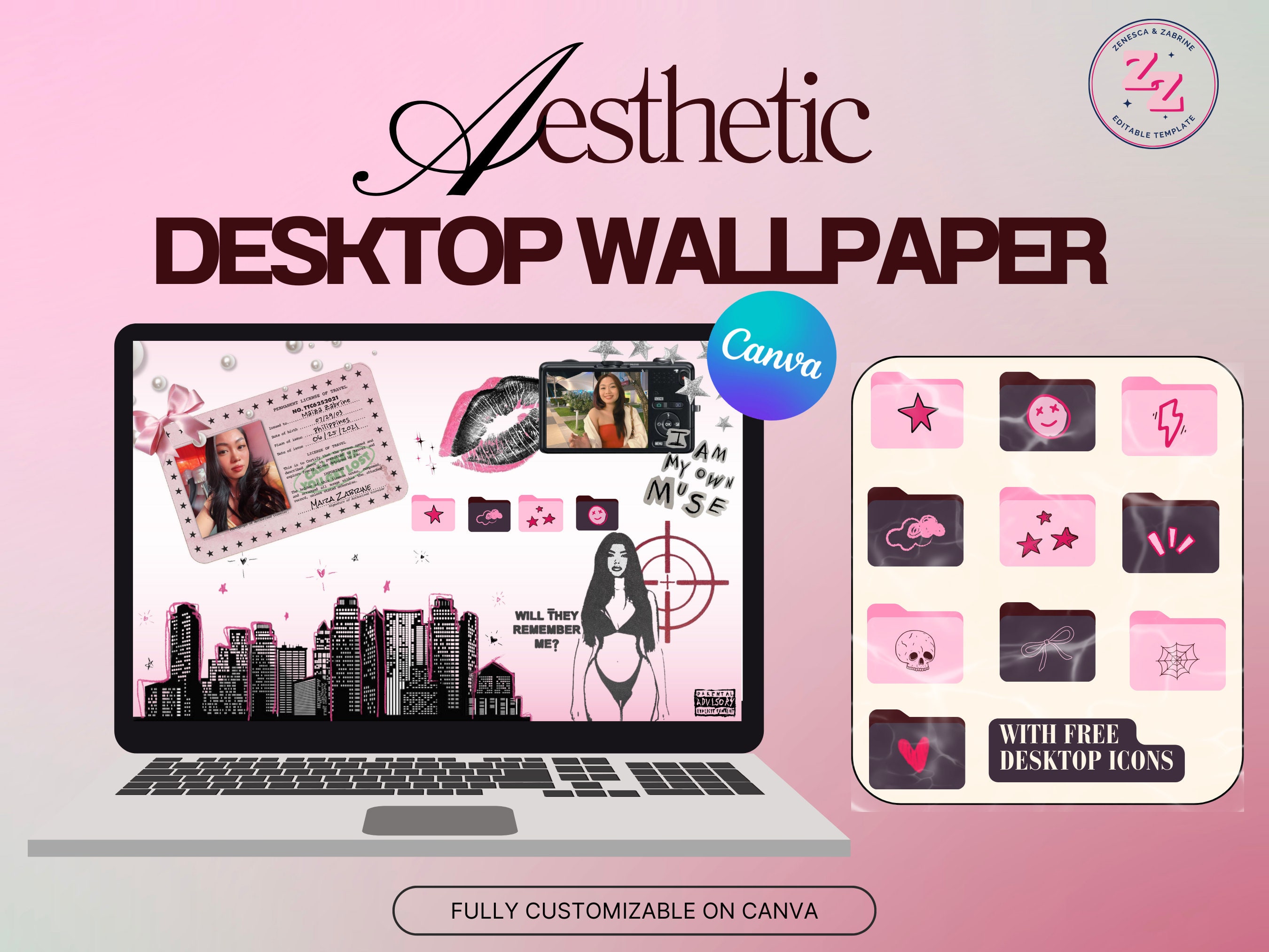 EDITABLE Y2K Desktop MacBook Wallpaper | Y2K Customizable Black Pink ...