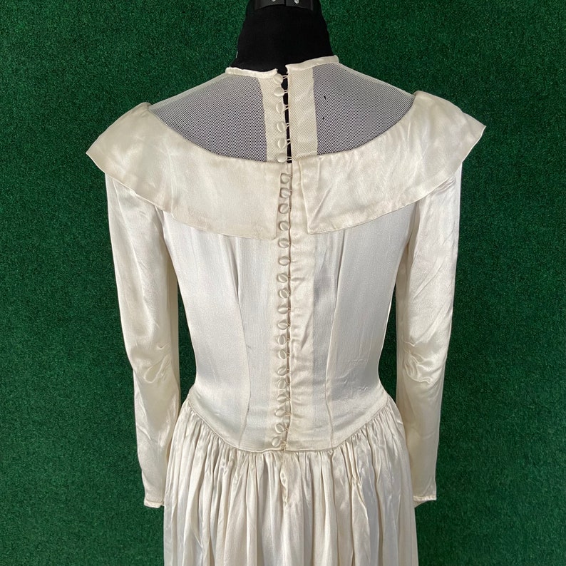 Vintage 1940s Satin Wedding Dress Mesh Net Illusion Neckline, Basque ...