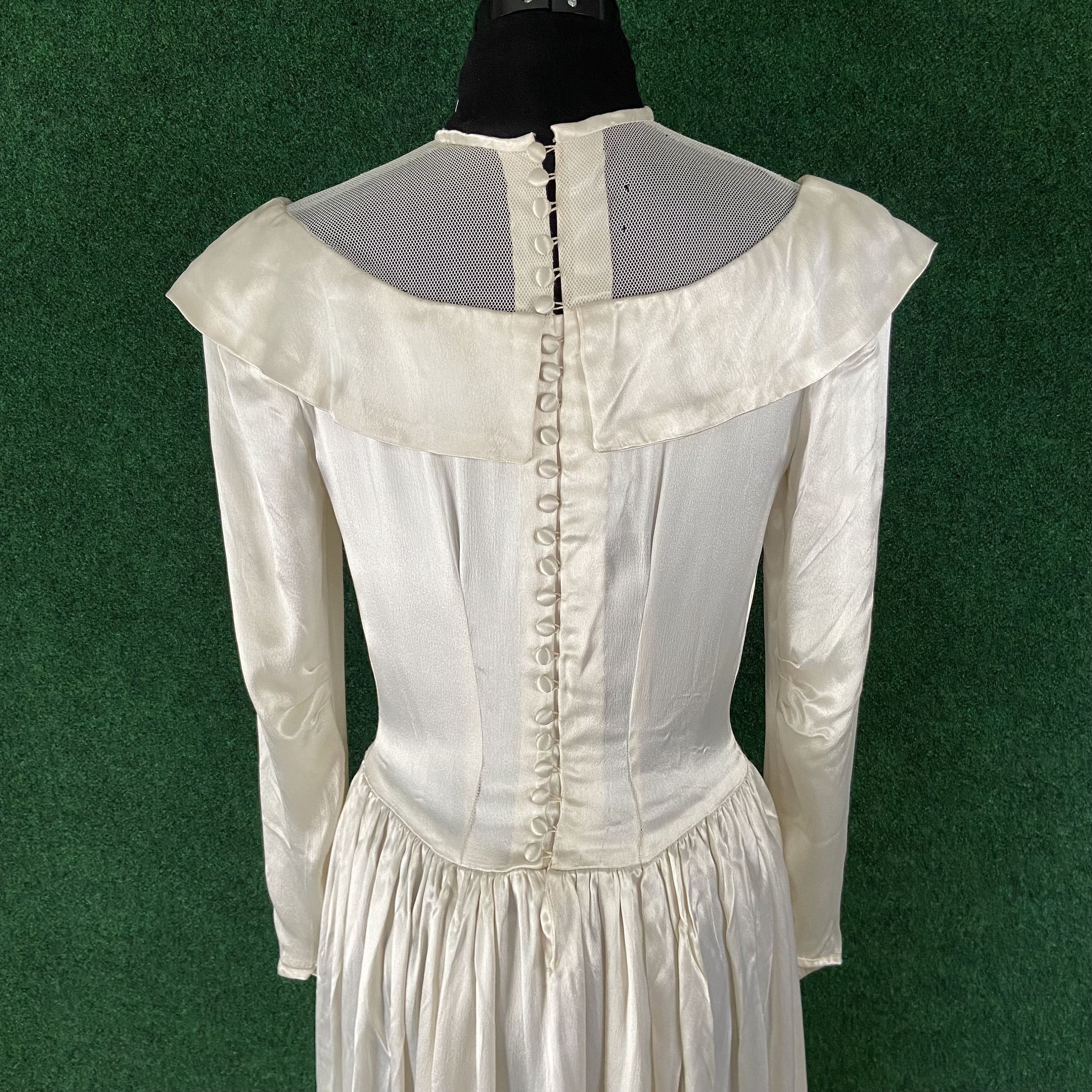 Vintage 1940s Satin Wedding Dress - Mesh Net Illusion Neckline, Basque ...