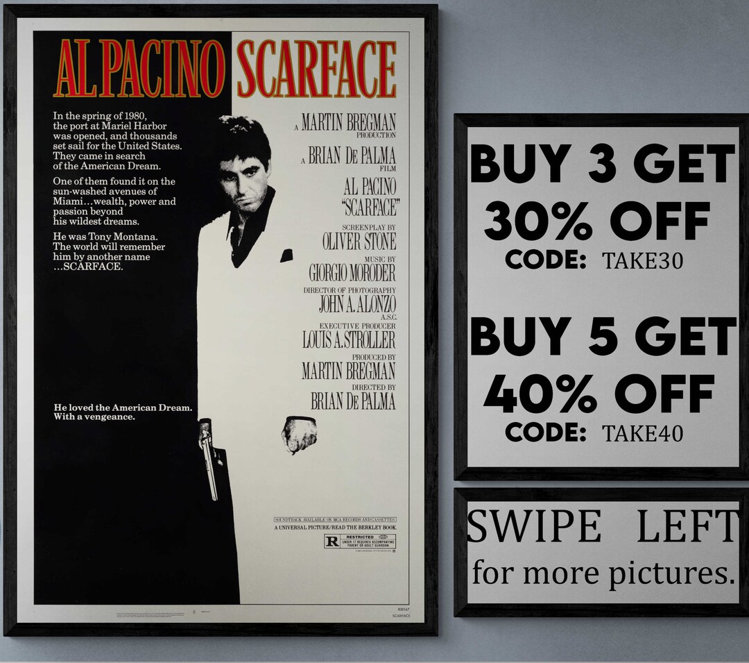 Scarface art mural daffiche de film / spectacle imprimé et expédié 708 ...