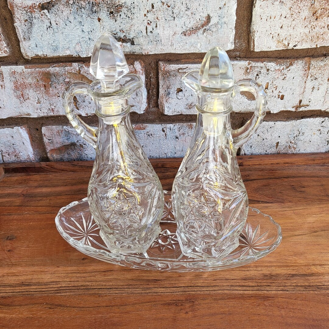 Star Embossed Cut Glass Cruet Set With Tray, 1960s MCM Anchor Hocking ...