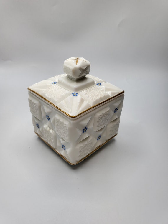Westmoreland Milk Glass box with lid| Blue Forget Me … - Gem