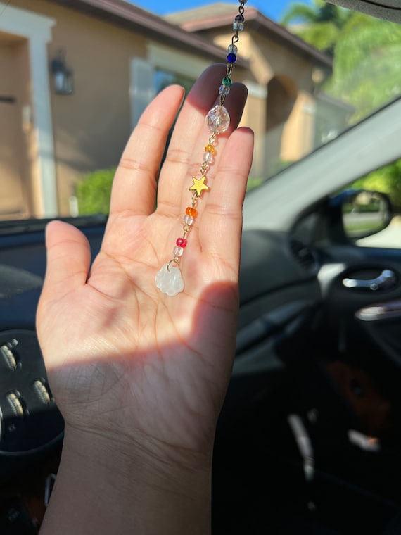 Dreamy Colorful Indie Car Charm Rear View Mirror Accessory Golden Star Cloud Sun Catcher Beaded Dainty Hanging Car Decor Etsy