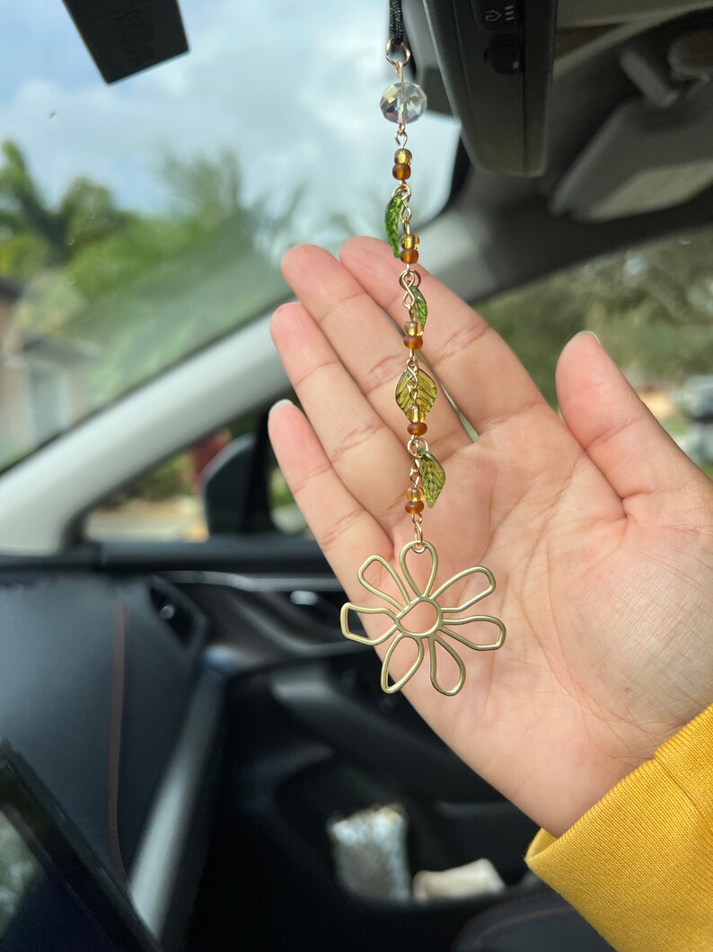 Boho Gold Flower and Leafy Vine Car Charm - Rear View Mirror Accessory ...