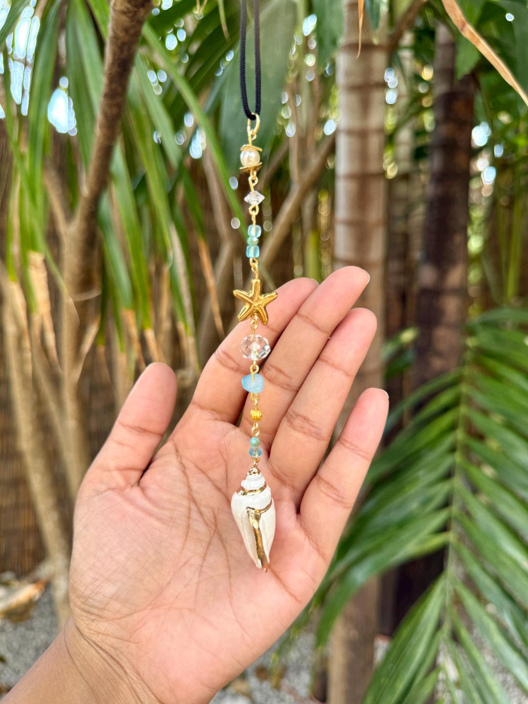 Tropical Sea Shell and Starfish Car Charm - Blue and Gold Elegant Rear ...