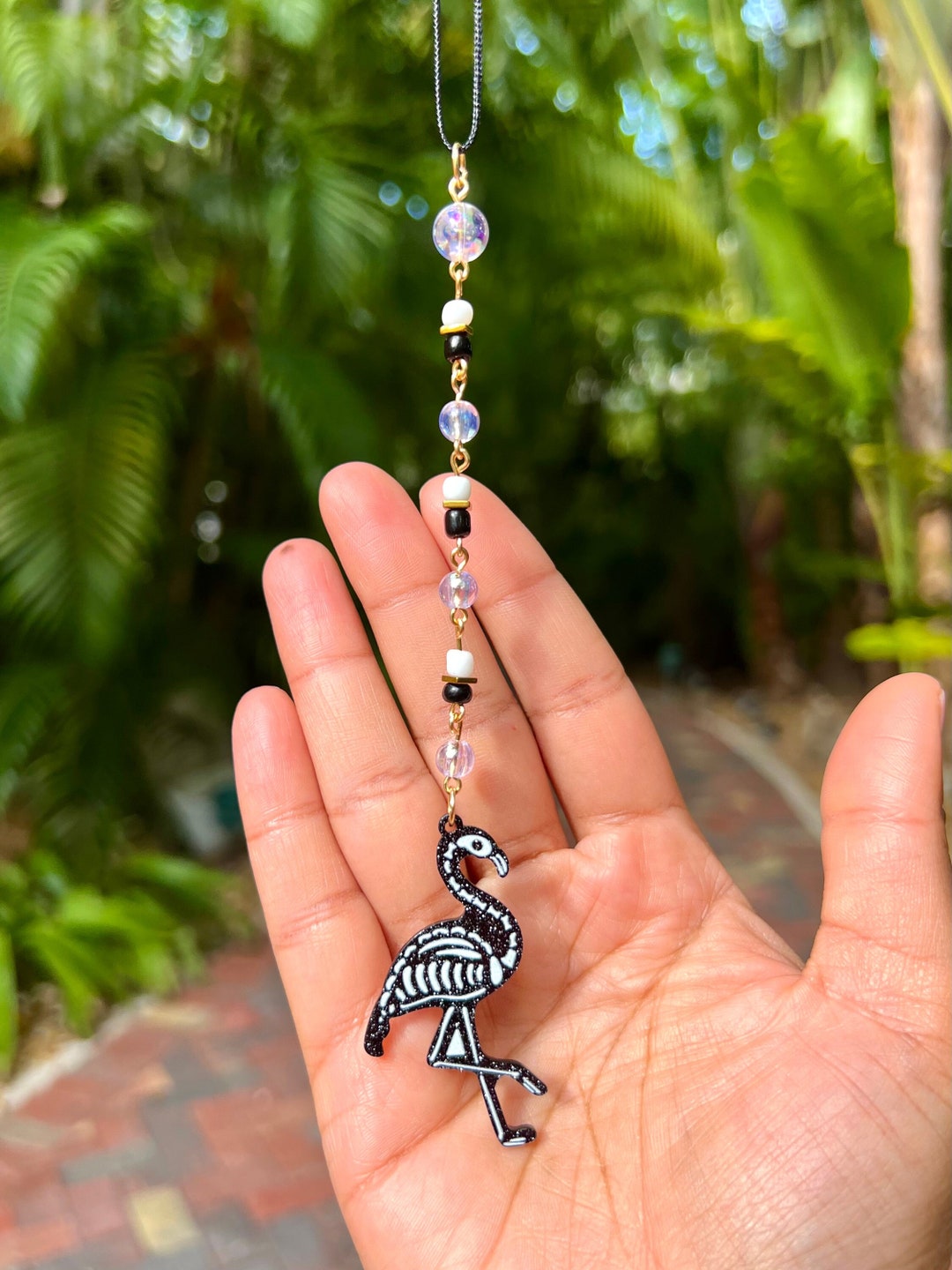 Flamingo Skeleton Car Charm: Black, White & Gold Beaded Decor, Tropical ...