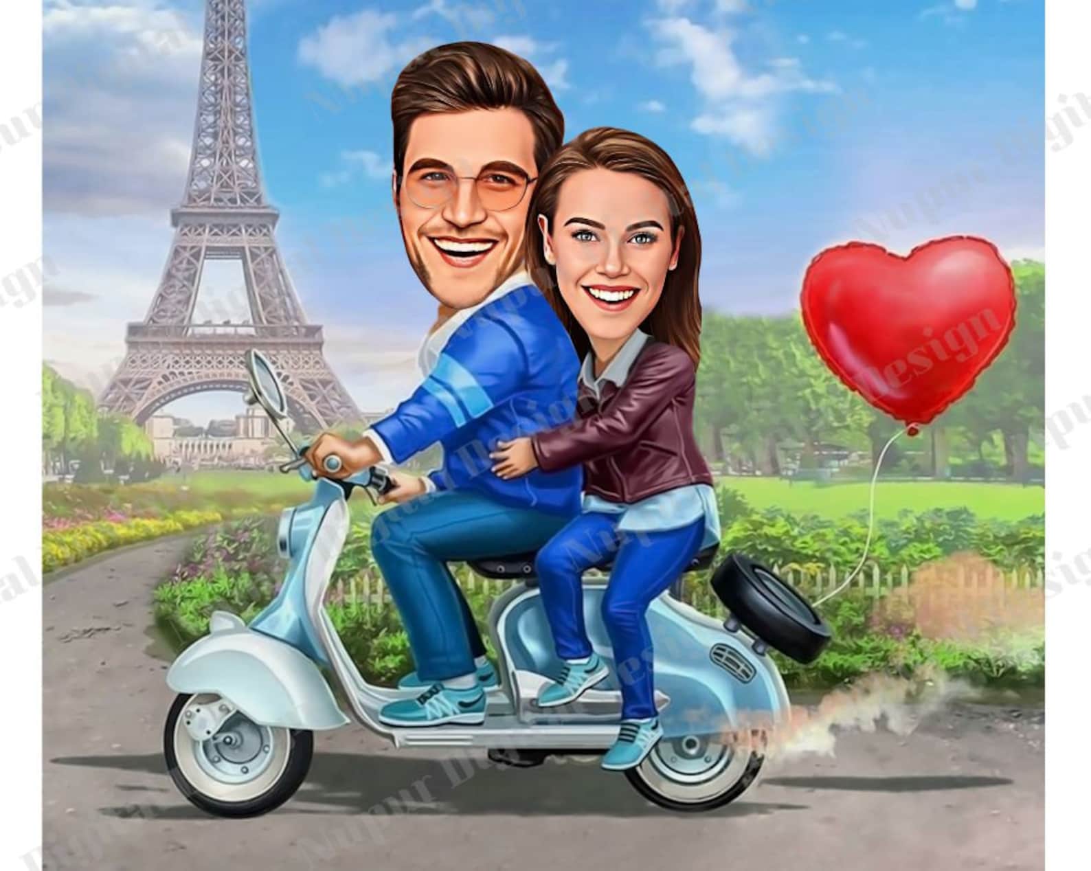 Personalized Couple Caricature: Motorcycle Scooter Art (digital ...