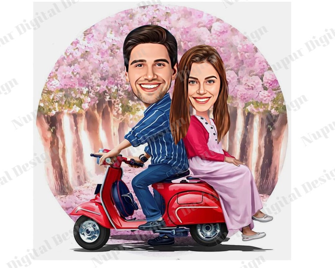 Couple Caricature on a Scooter/bike, Personalized Cartoon Couple ...