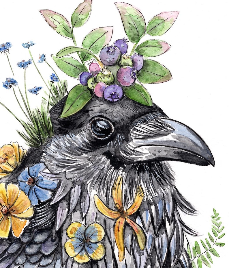 Raven - Whimsical Raven - Watercolor Art - Etsy