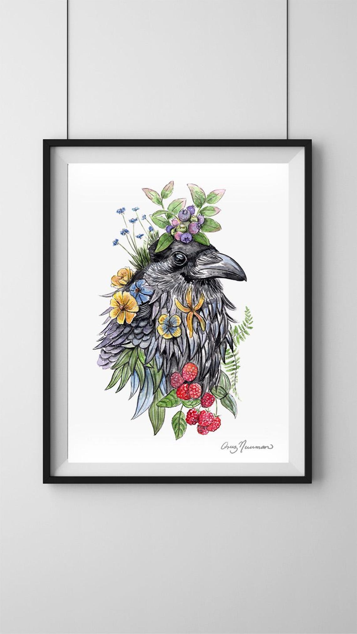 Raven - Whimsical Raven - Watercolor Art - Etsy