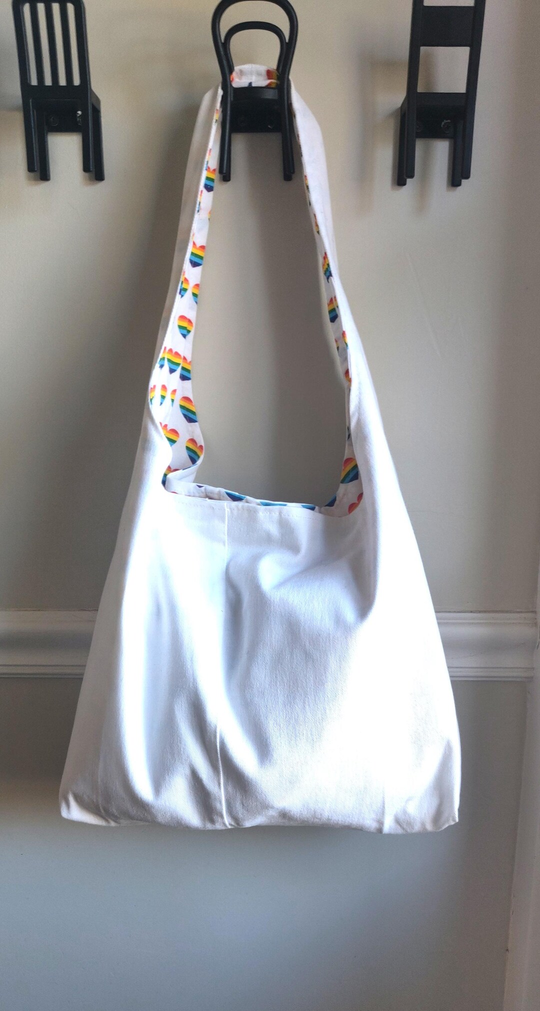 Upcycled White Denim Hobo Bag - Rainbow Hearts Lining - Etsy