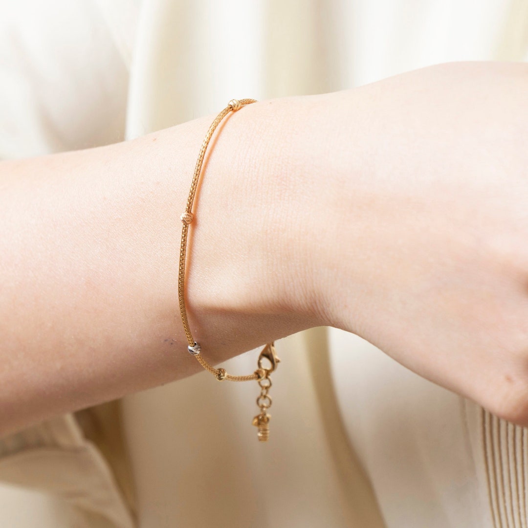 14K Gold Beaded Bracelet, Solid Gold Chain Bracelet, Dainty Gold ...