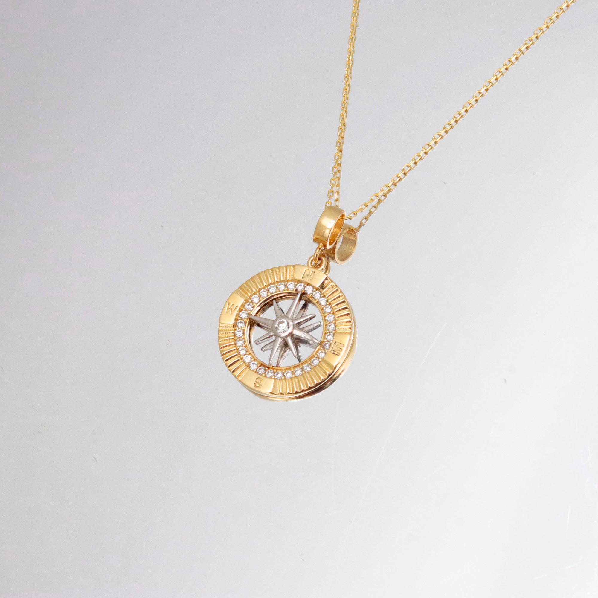 Solid Gold Compass Necklace 14k Gold Compass Pendant North Etsy