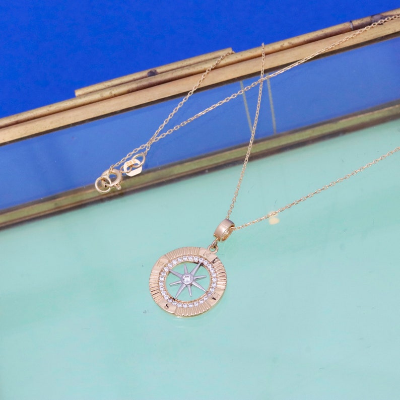 Solid Gold Compass Necklace 14k Gold Compass Pendant North Star Necklace Gold Starburst