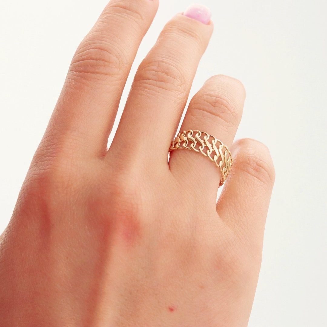 Solid Gold Chain Ring, 14K Gold Chunky Ring, Gold Statement Ring ...