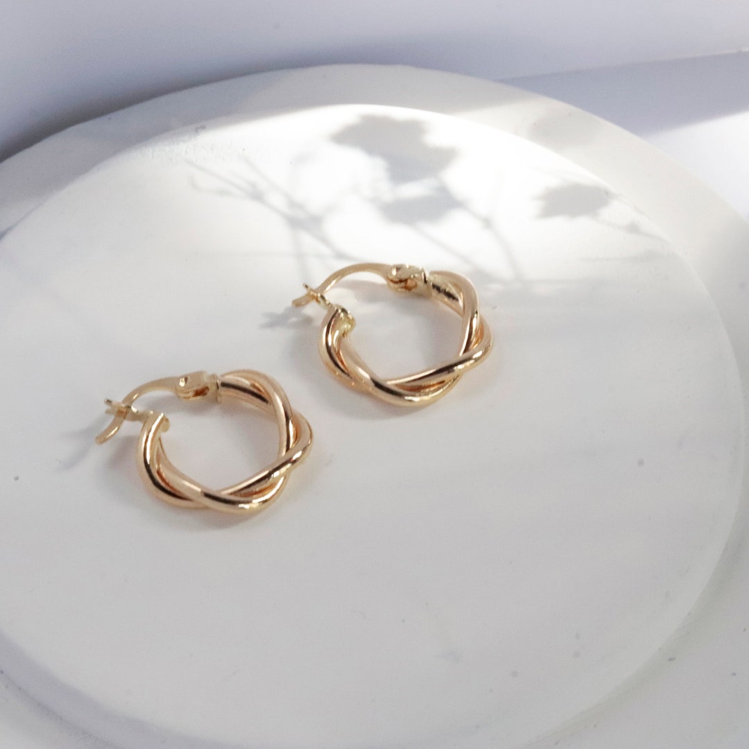 Solid Gold Hoop Earrings, 14K Gold Twisted Hoop Earrings, Small Hoop ...
