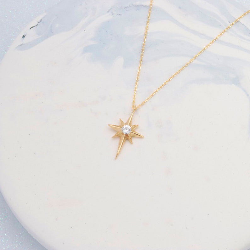 Solid Gold Star Necklace, 14K Gold North Star Necklace, Starburst ...