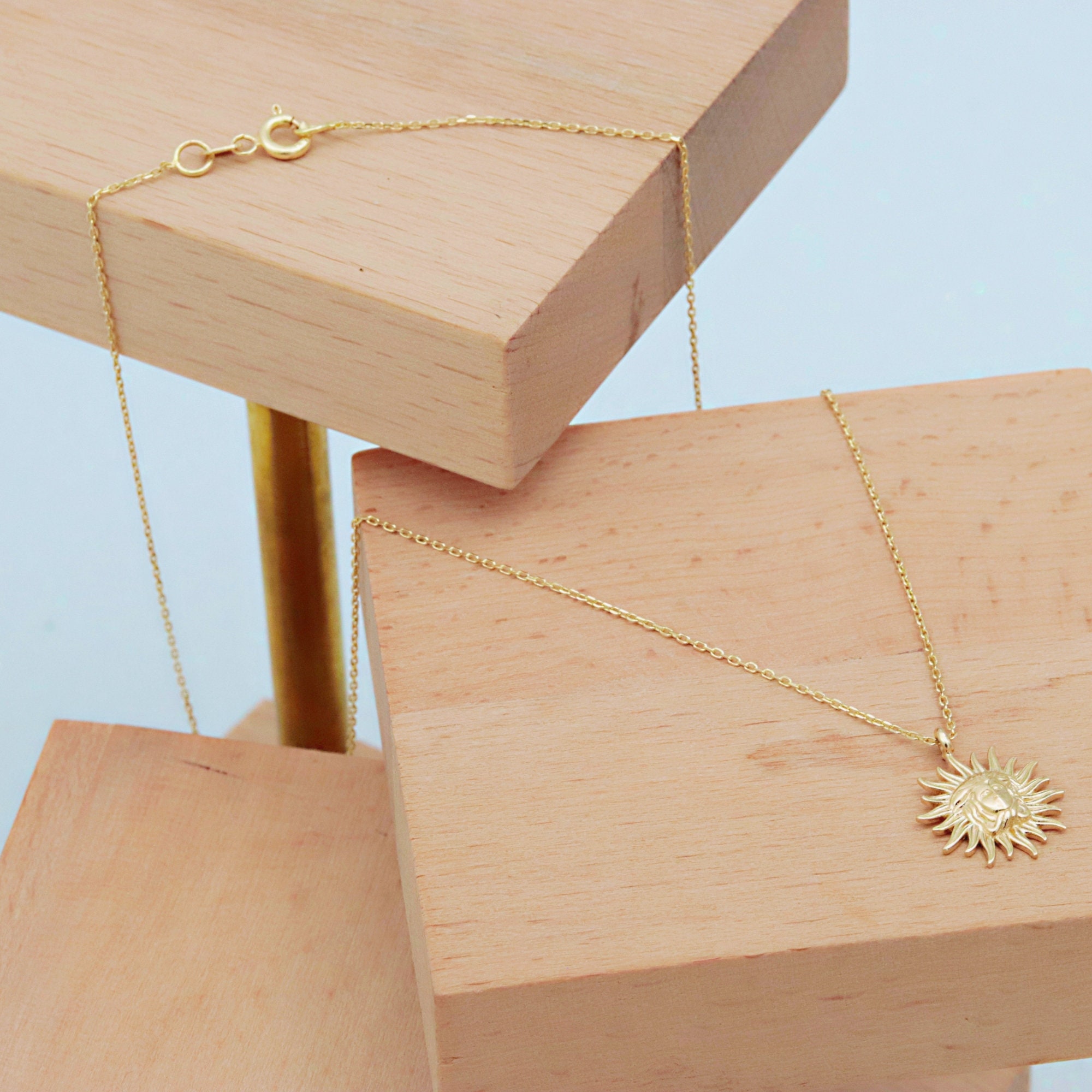 Solid Gold Sun Necklace 14K Gold Sunshine Pendant Sun Charm - Etsy