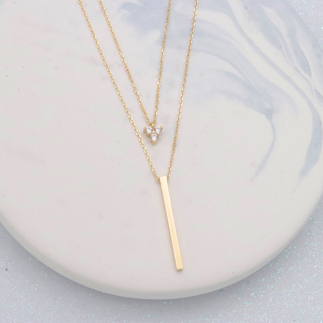 Solid Gold Bar Necklace, 14K Gold Double Strand Necklace, Double Chain ...