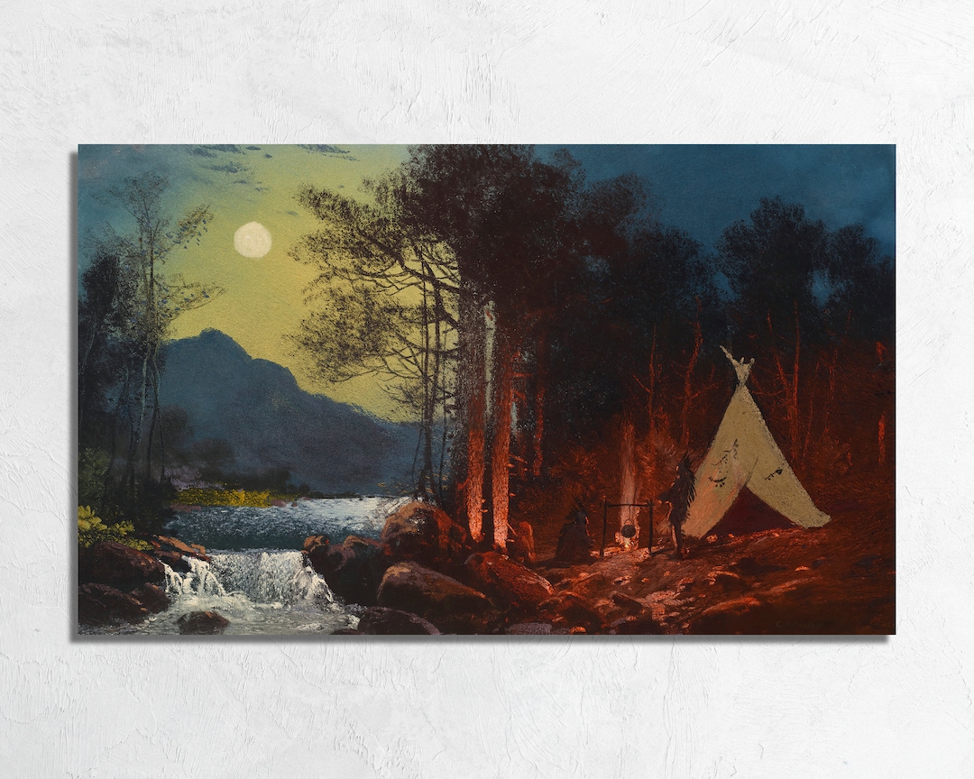Carl Wimar Moonlight Encampment Print: Vintage Native American Campfire ...