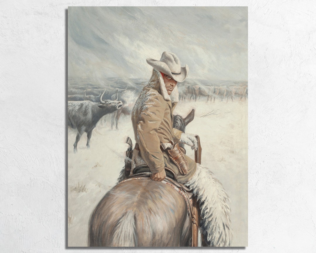 1955 Cowboy Rancher in Snow, Vintage Montana Ranch Cattle Drive Cowboy ...