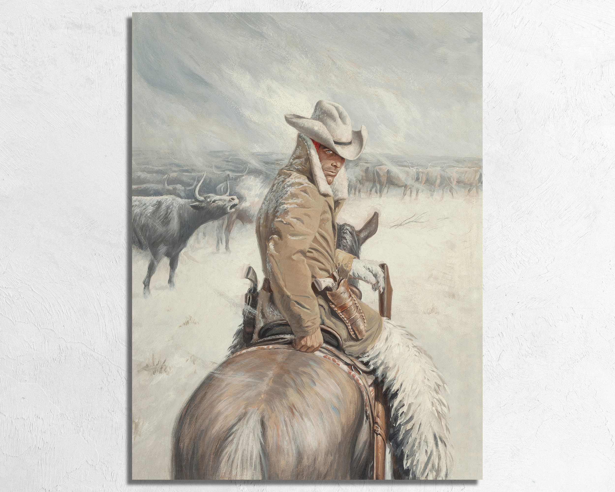 1955 Cowboy Rancher in Snow, Vintage Montana Ranch Cattle Drive Cowboy ...