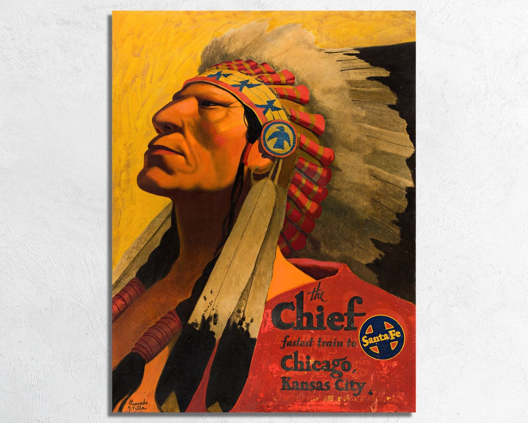 1945 Santa Fe Chief Railroad Poster: Vintage Native American Train ...