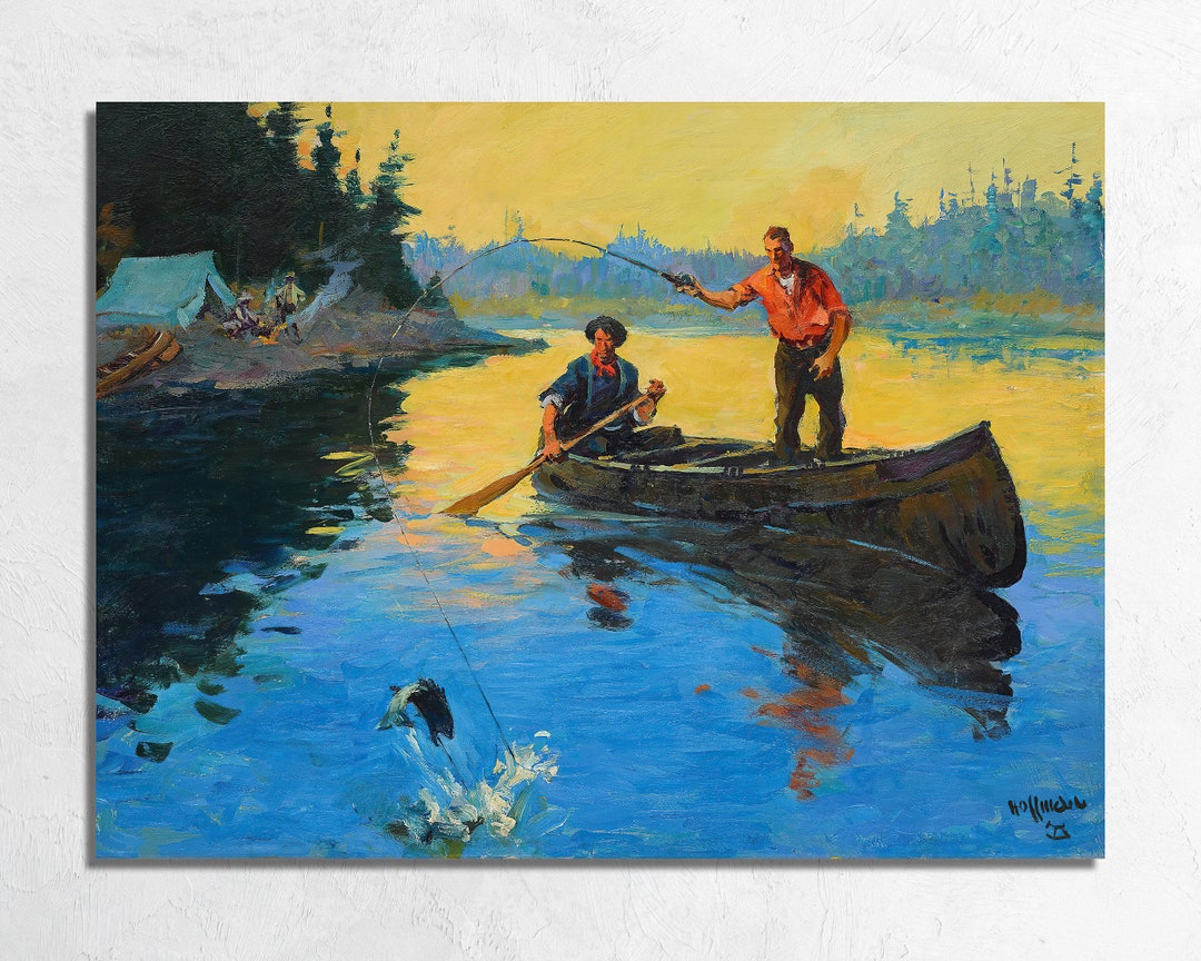 Vintage Fishing Painting by Frank B Hoffman, Camping and Trout Fishing ...