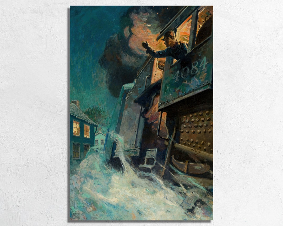 Vintage Train Poster: Locomotive at Night, Santa Fe Railroad Art Print ...