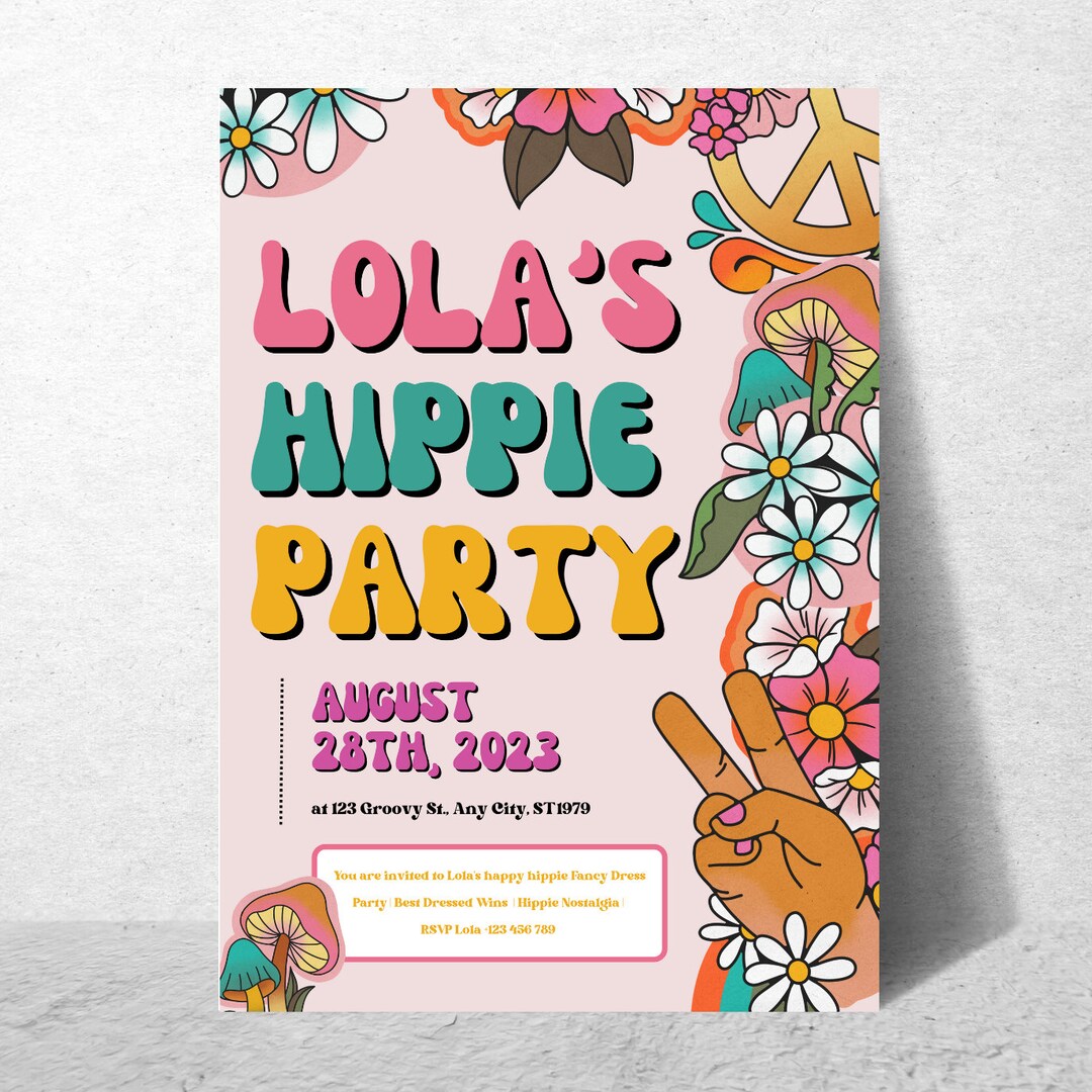Hippy Invitation, Editable Birthday Invitation, Hippie Birthday, Hippy ...