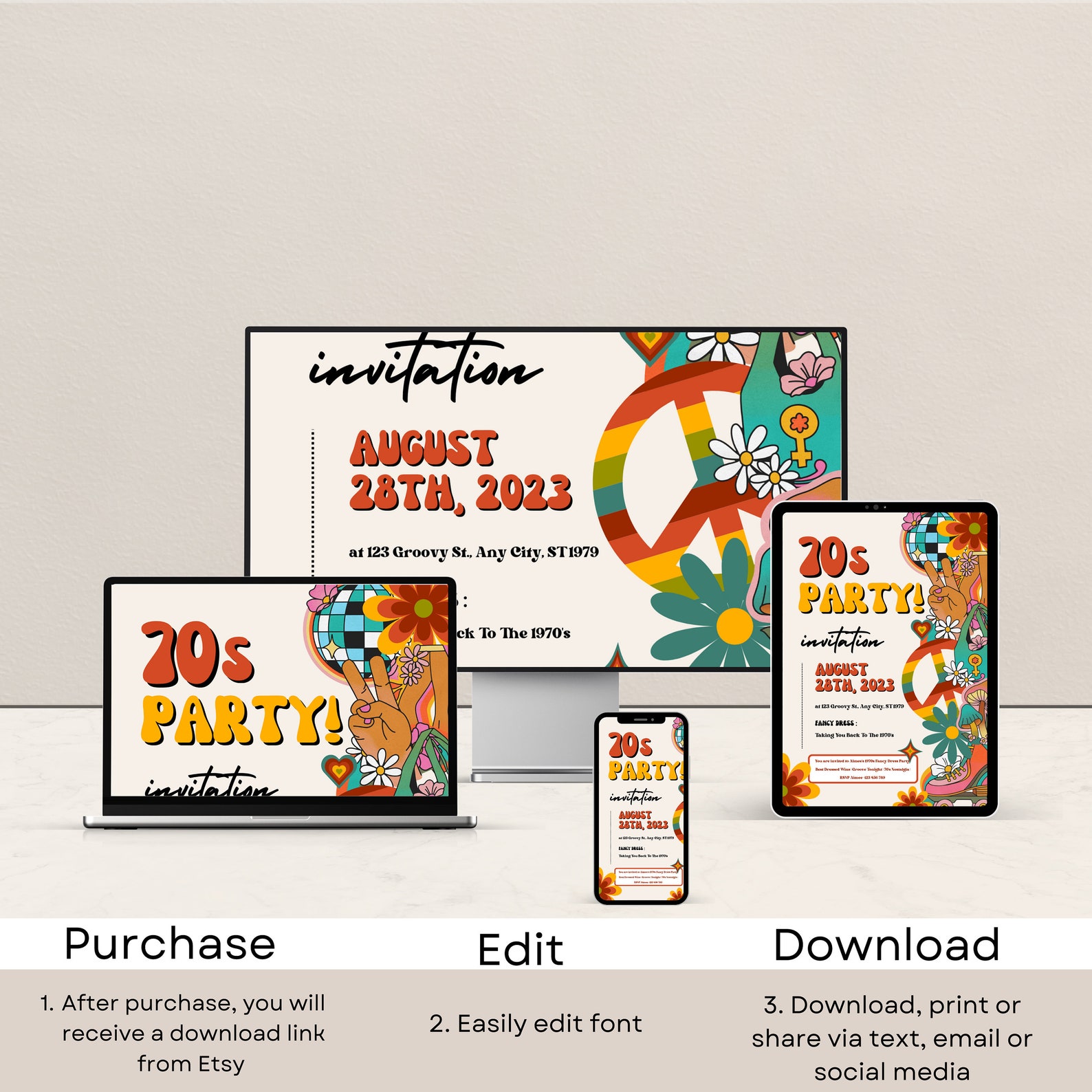 1970s Party Invitation, 1970s Birthday Party Invitation for Fancy Dress ...