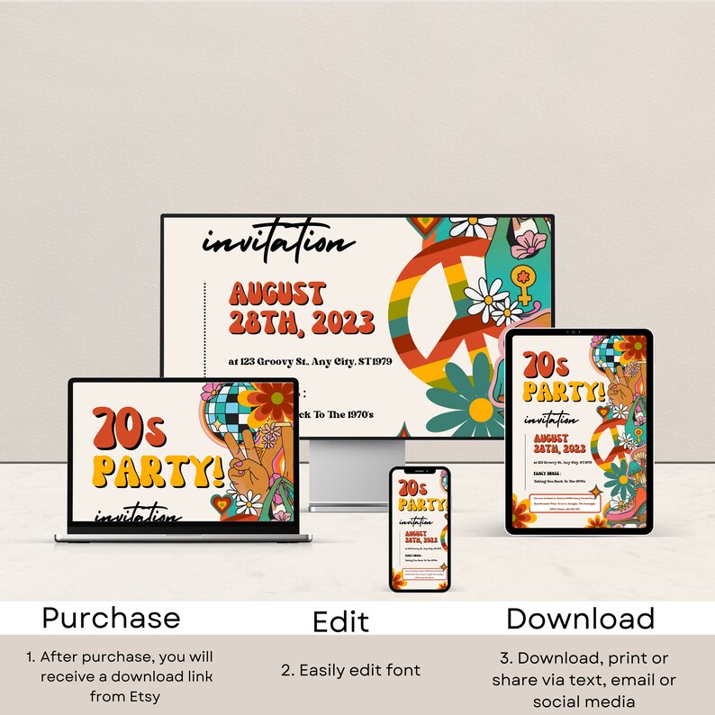 1970s Party Invitation, 1970s Birthday Party Invitation for Fancy Dress ...