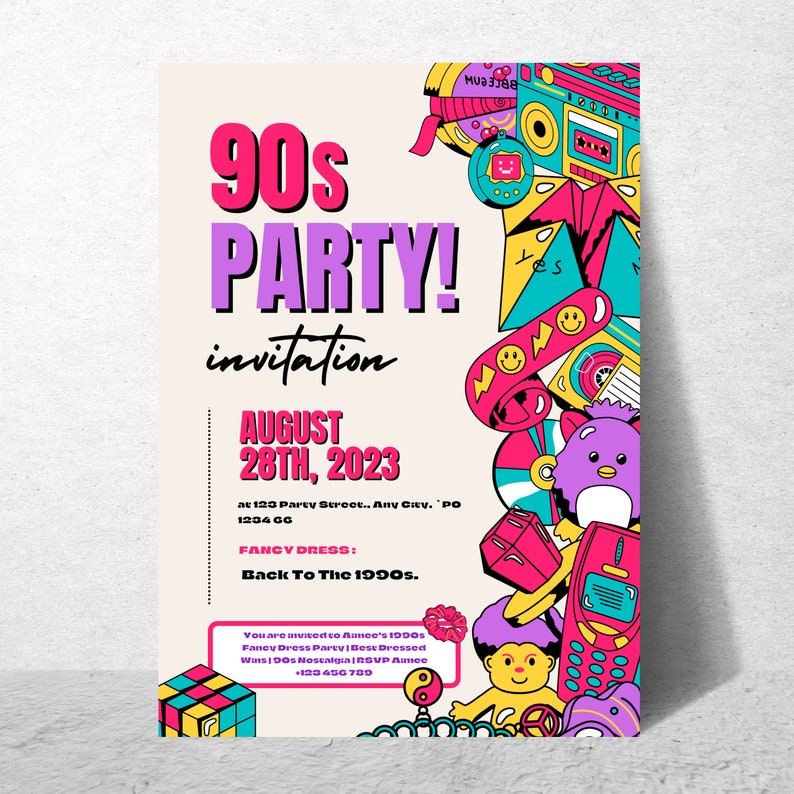 90s Birthday Party Invitation, Retro Theme, Editable Invite (digital ...