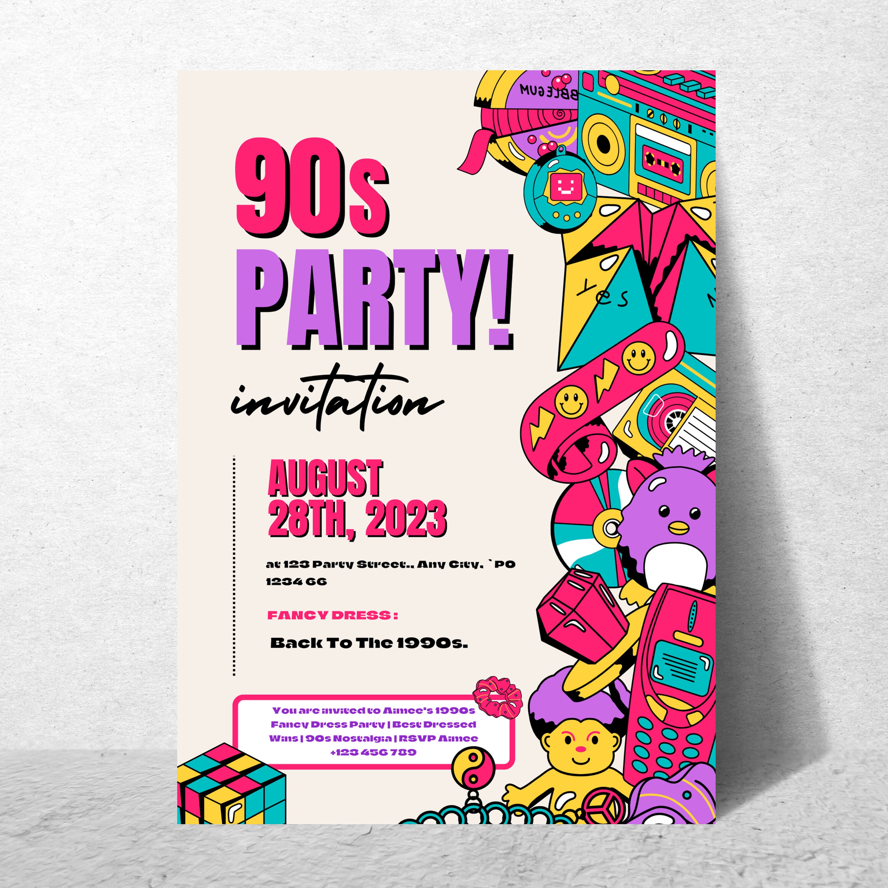 90s Birthday Party Invitation, Retro Theme, Editable Invite (digital ...