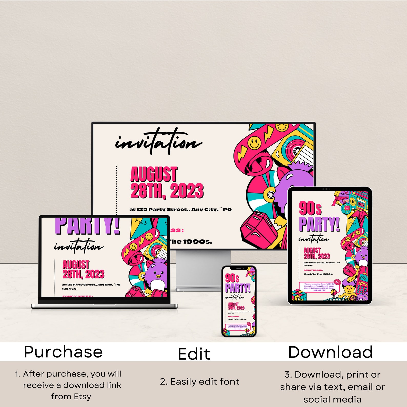 1990s Editable Party Invitation, 90s Birthday Invitation, 90s Birthday ...