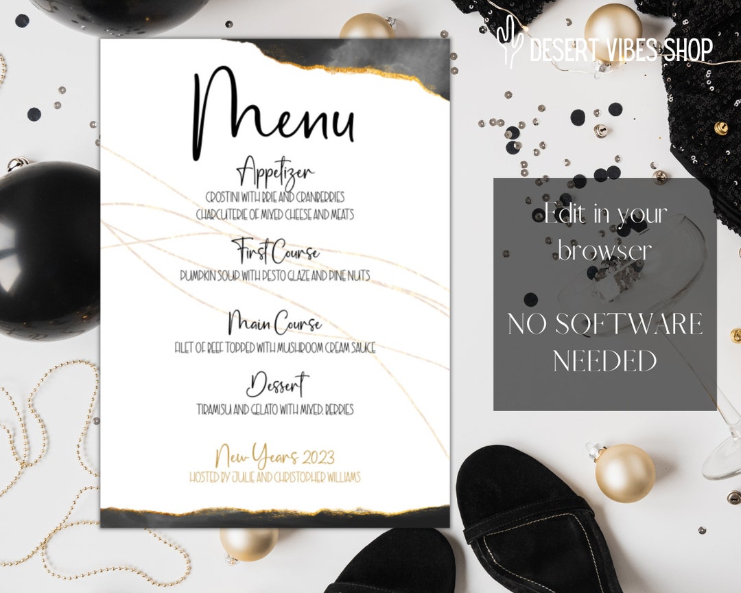 Customizable NYE Menu | Gold and Black New Years Eve Menu | Editable ...