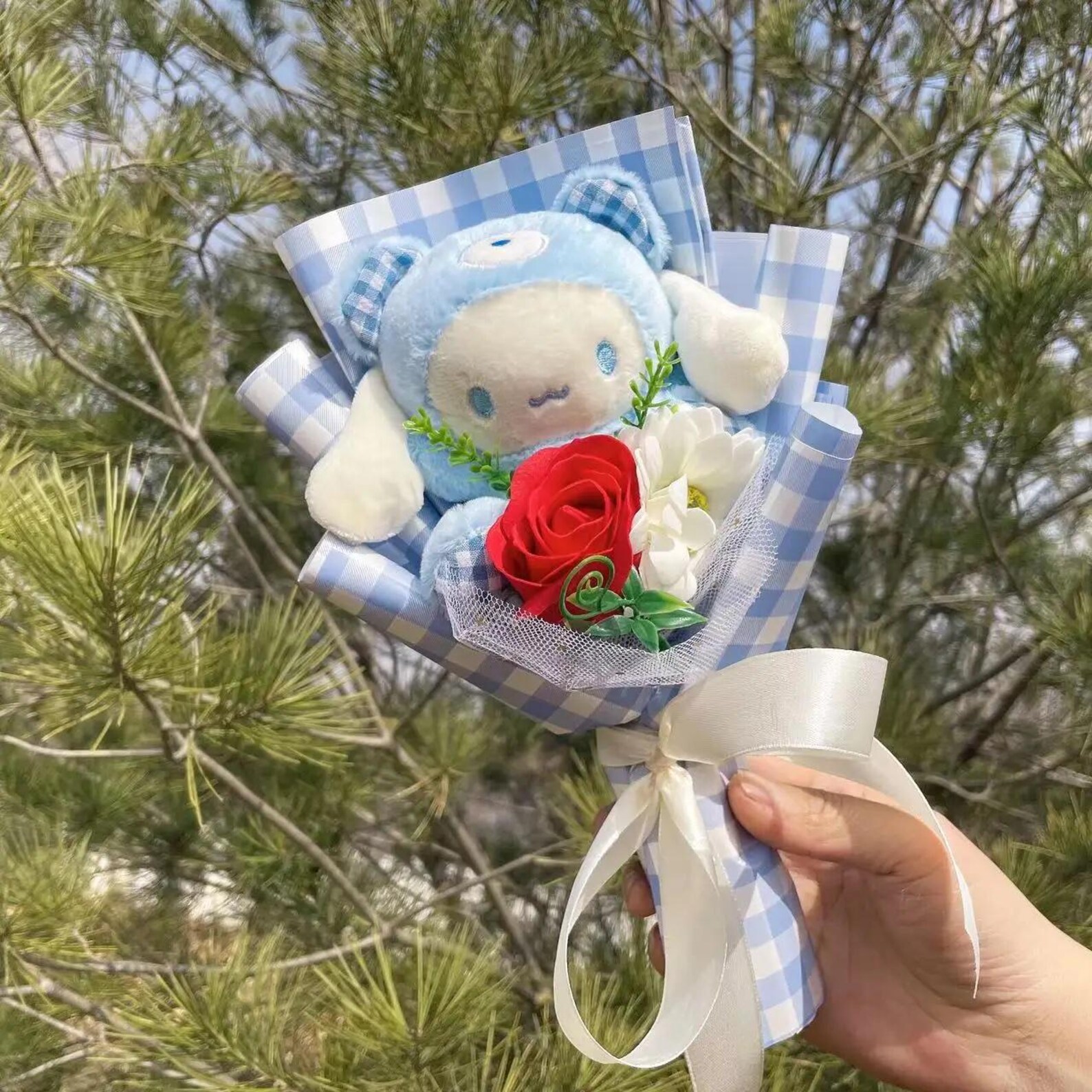 Red Rose Plushie Bouquet With Blue Wrapping | Handmade Gift With Cute ...