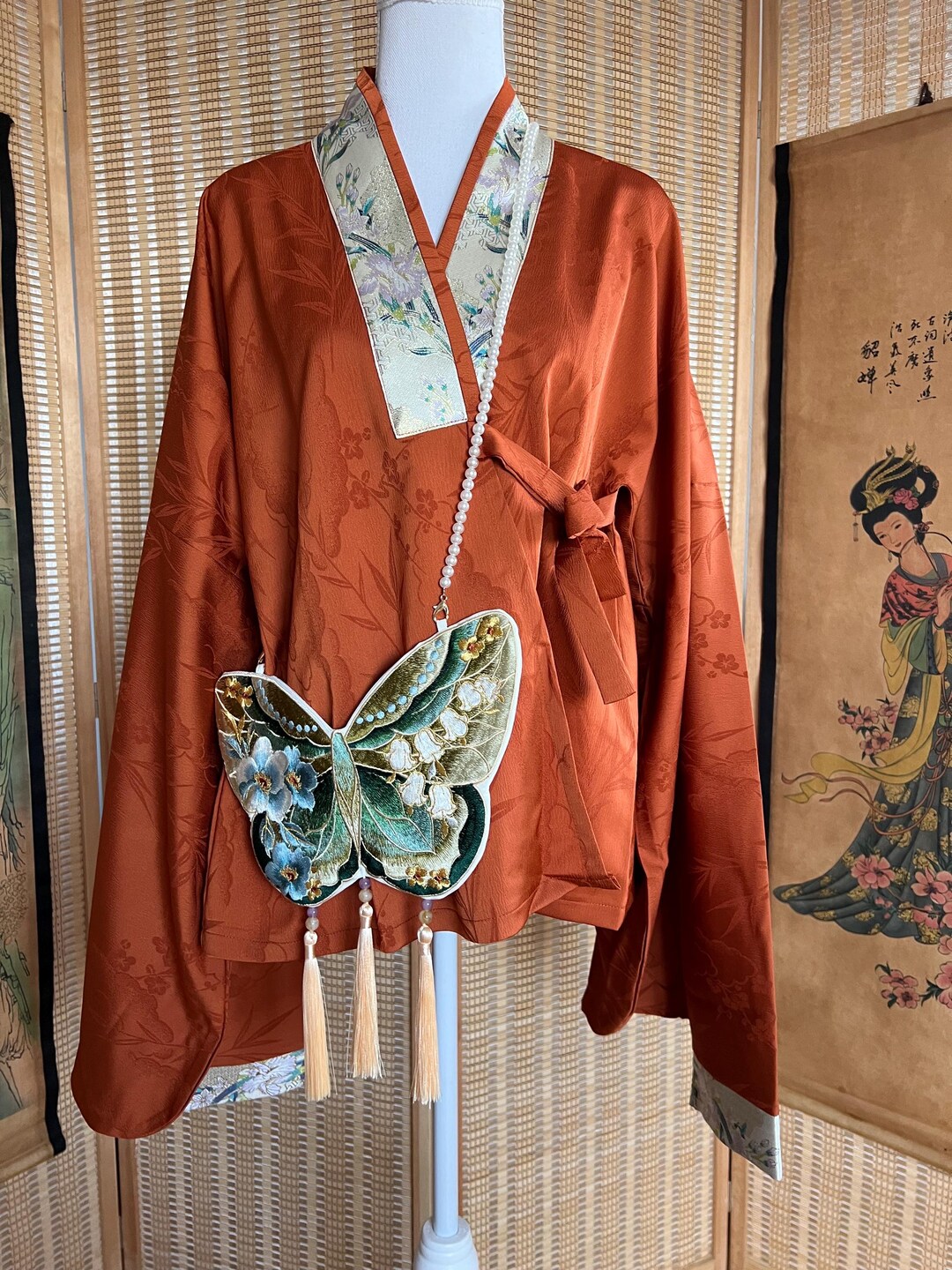 Chinese Hanfu Accessory, Dual-color Embroidery Butterfly, Cross Body ...