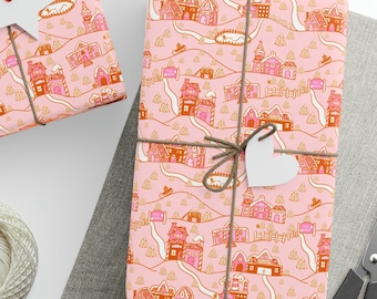 Candy Theme Wrapping Paper, Gingerbread House Wrapping Paper, Pink ...