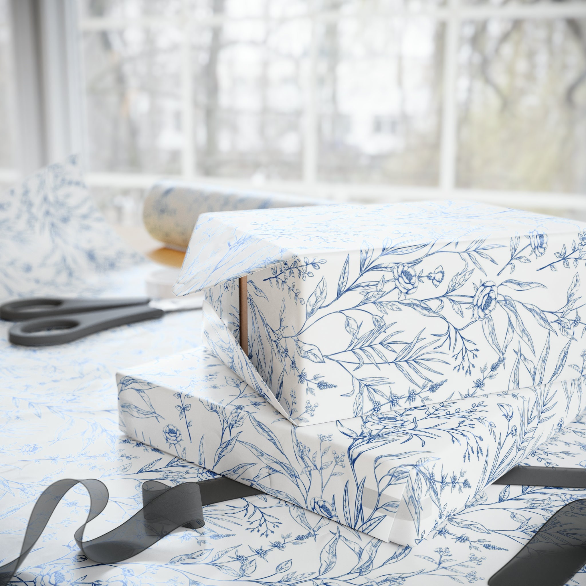 Blue Flowers Wrapping Paper, Wedding Floral Gift Wrapping Paper ...