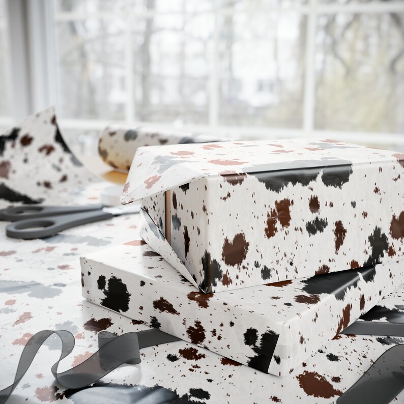 Cow Print Brown Black White Cowhide Wrapping Paper Roll, Cow Print Gift ...
