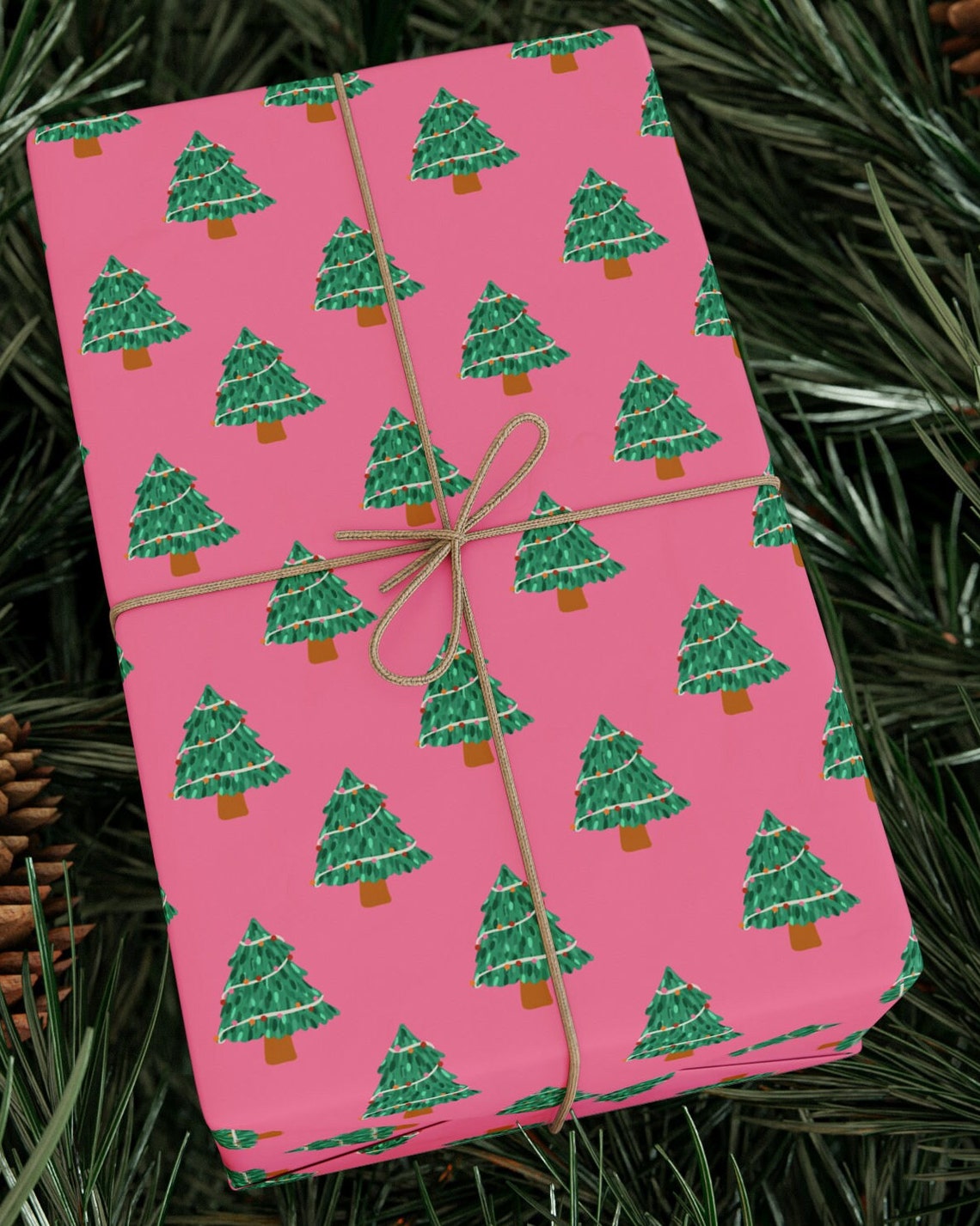 Christmas Trees Gift Wrapping Paper, Pink Christmas Gift Wrapping Paper ...