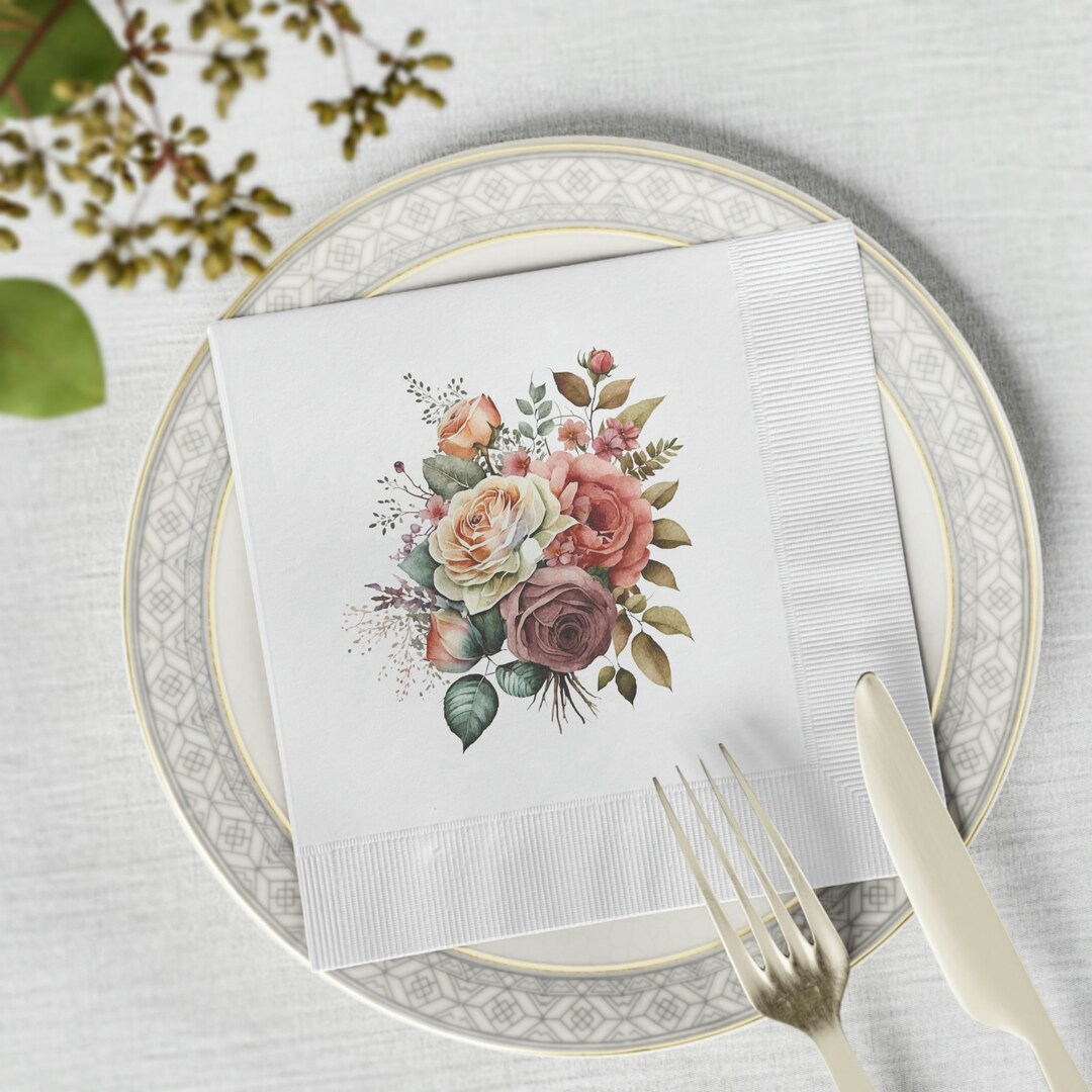Rose Flower White Coined Napkins, Rose Bouquet Napkins, Rose Flowers ...