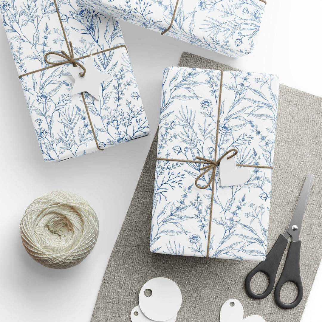 Blue Flowers Wrapping Paper, Wedding Floral Gift Wrapping Paper ...