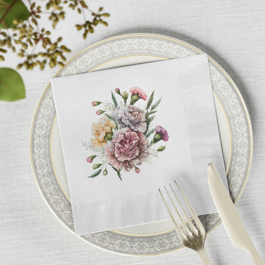 Carnation Flower White Coined Napkins, Carnation Napkins, January Month ...