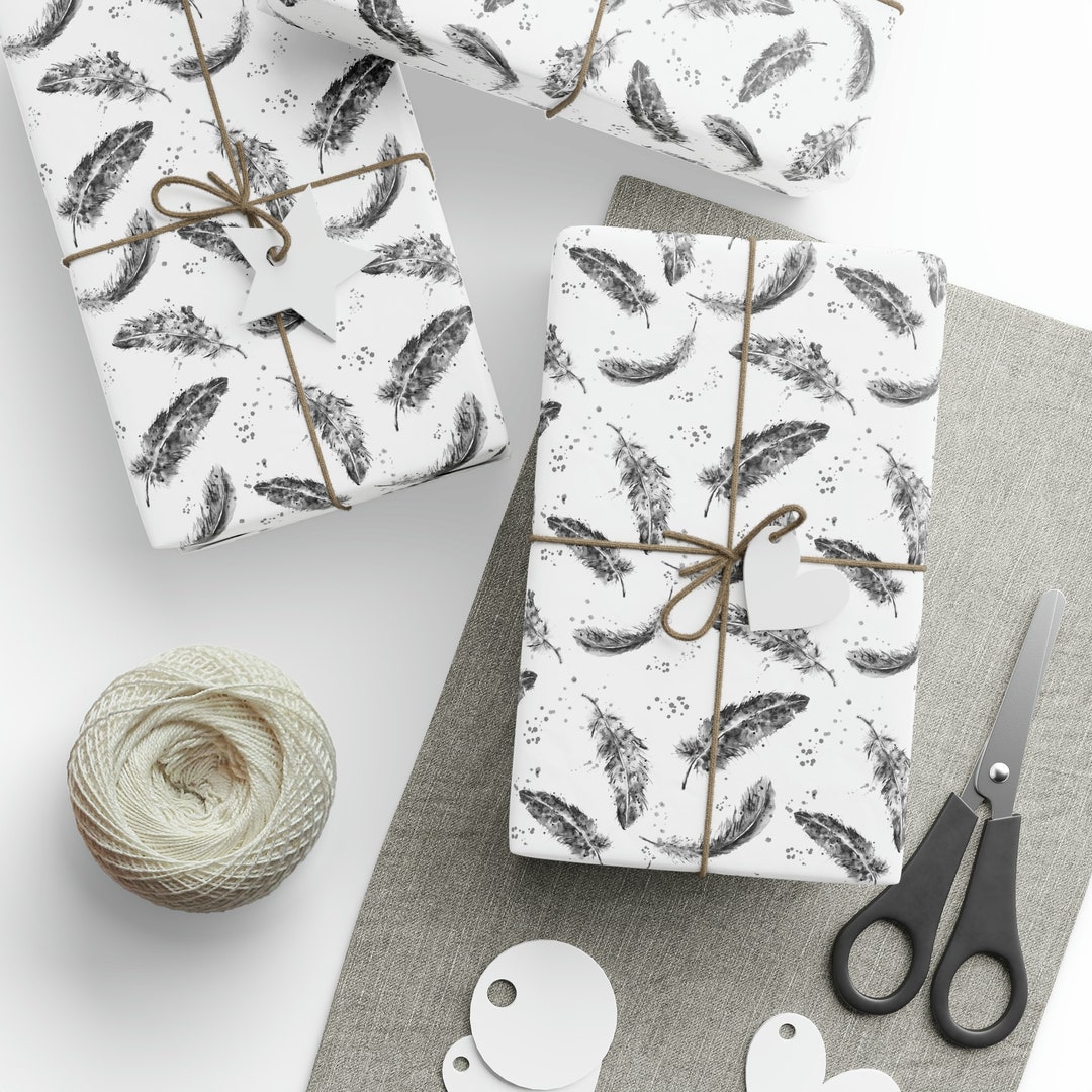 Feathers Wrapping Paper Roll, Black and White Feather Wrapping Paper ...